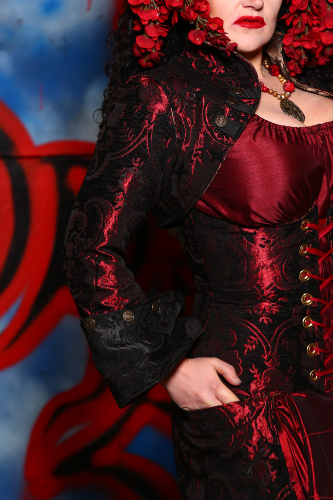 Detachable Buccaneer Sleeves in Crimson and Black Medallion w/Satin Bl ...
